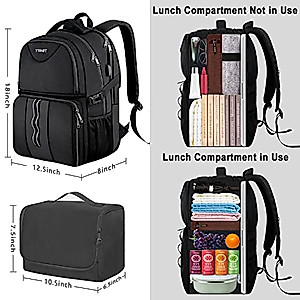 Lunch Backpack for Men, 15.6 Inch Laptop Backpack with Lunch Box, Insulated Cooler Backpack with USB Port, School Backpack Bookbag for College Work Commuter Picnic Gifts for Men Women, Black
