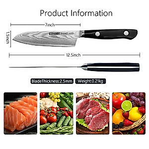 Kitory Damascus Santoku Knife 7", for bigger or larger hands, Japanese Kitchen Knife with VG10 67 Layers Super Steel- Black G10 Handle-Gift Box Included, 2024 Gifts For Women and Men