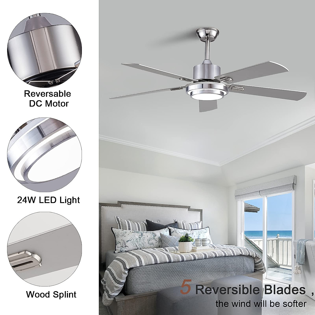 BOOMJOY 52 Inch Ceiling Fans with Lights and Remote Control Outdoor Modern Black Ceiling Fan LED Bright Light for Indoor Living Room Bedroom Farmhouse Patios Garage Gazebo DC Motor Dual 5 Wood Blades