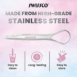 Tongue Scraper by Swissco | Stainless Steel Tongue Cleaner | Reduces Bad Breath, Improves Oral Care | Pack of 2 Tongue Scrapers