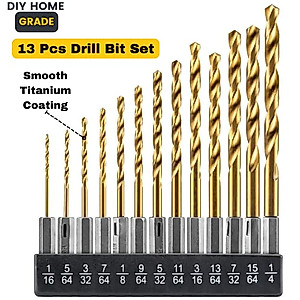 Drill Bit Set Titanium Coated Quick Change HEX Shank Drill Bit Set for Wood Soft Metal Plastic Improved Design 1/16” to 1/4” Holder Included Twist Drill Bit Set High Speed Steel