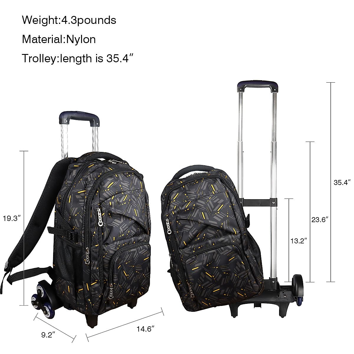 YOUCIDI Rolling Wheels High-Capacity School Bag Backpacks for Students Climbing Stairs Black and Yellow,