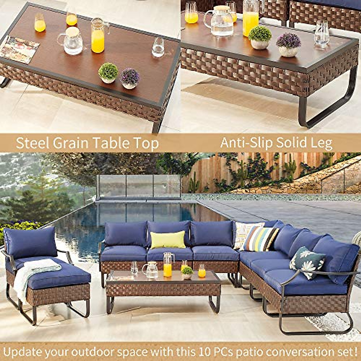 Romayard 10 PCS Patio Conversation Set Outdoor Metal Furniture All-Weather Steel Frame Sectional Sofa Set with Cushions for Garden,Lawn,Pool