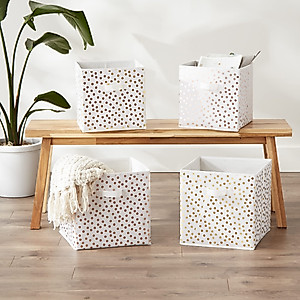 DII Non Woven Storage Collection Polka Dot Collapsible Bin Small Set, 11x11x11 Cube, White with Gold Dots, 4 Piece