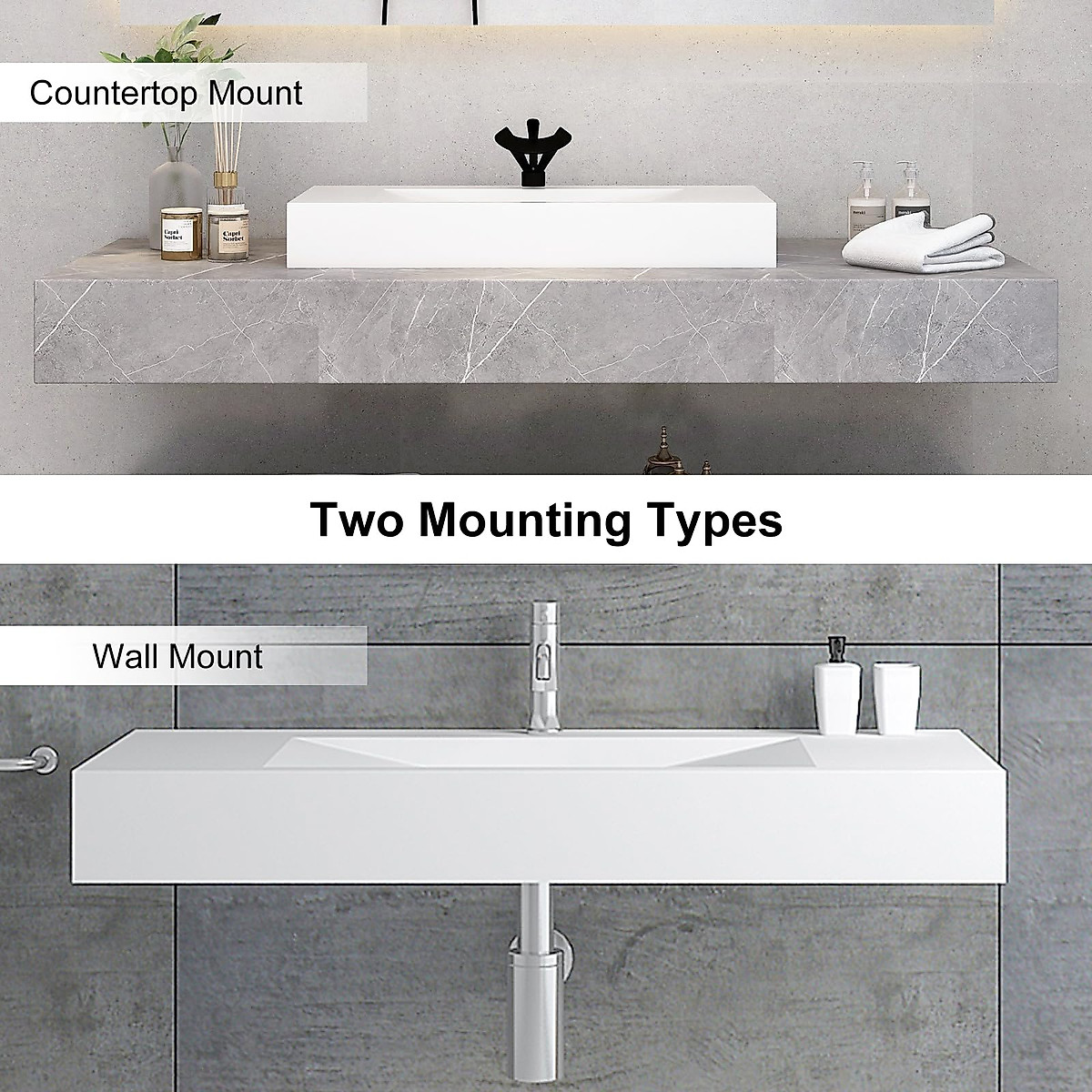 Weibath 35'' Vessel Sink Wall-Mount Bathroom Sink V-Shaped Floating Sink Stone Resin in Matte White