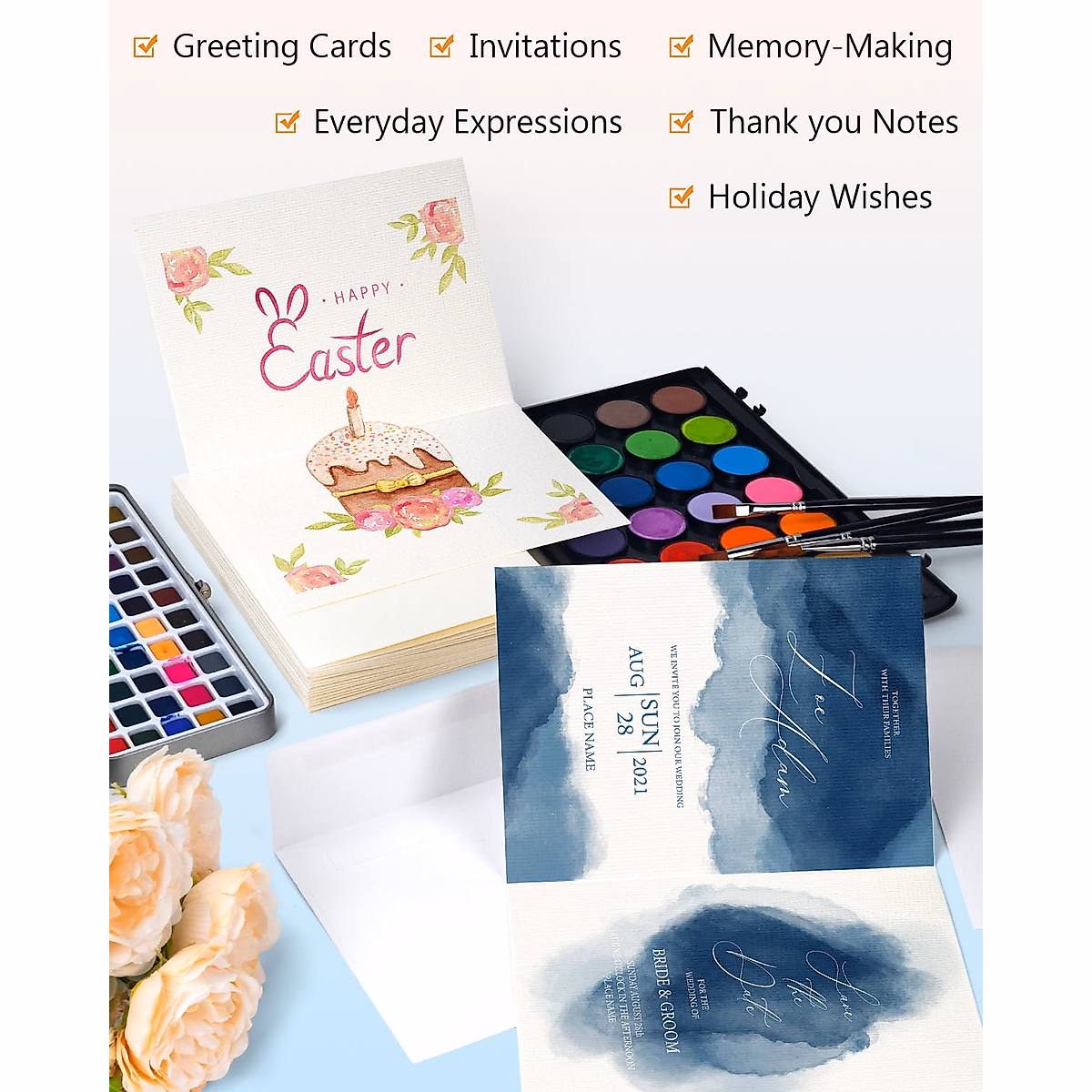 Watercolor Cards and Envelopes Set - 50 Folded 5x7 Inch Blank Heavyweight Paper Cards (140lb/300gsm) with Matching Envelopes for DIY Greeting Cards, Festivals, and Events