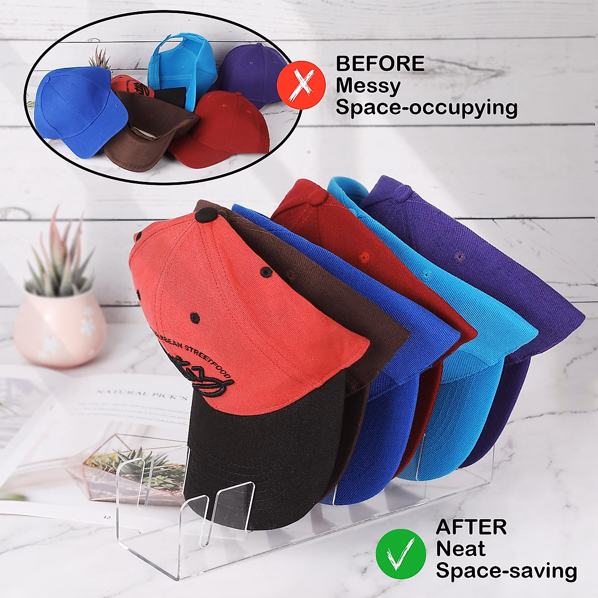 Flaegoye 2 Pack Hat Stand for Baseball Caps Display and Organizer, No Install Acrylic Hat Holder for 14 Baseball Caps, with 4 Pcs Adhesive Hat Hooks for Wall, Door, Closet, Bedroom