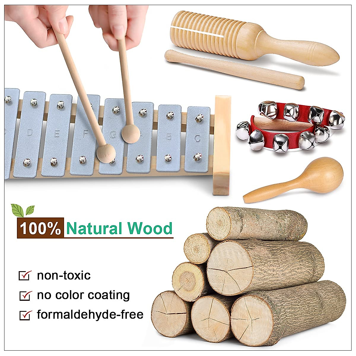 LOOIKOOS Toddler Musical Instruments International Natural Wooden Music Set for Toddlers and Kids - Eco Friendly Preschool Educational Musical Toys with Storage Bag