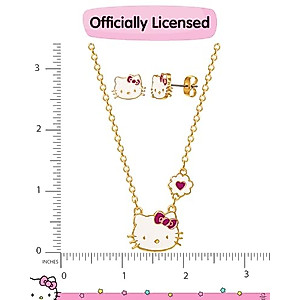 Hello Kitty Sanrio Girls Jewelry Set - Flash Plated 18+3 Necklace and Stud Earrings Officially Licensed
