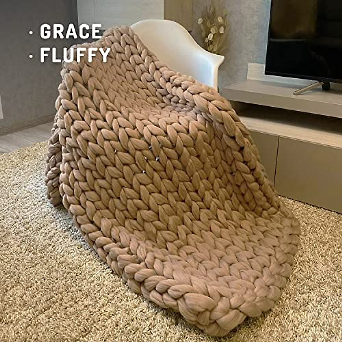 Shalenine Chunky Knit Blanket Throw Merino Wool Blend Handmade Decor Giant Yarn Large Cable Knitted Blanket,Khaki,40''x40''