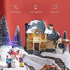 HOMCOM Christmas Village Rotating Skating Pond Animated Winter Wonderland Set with LED Light, Music, Fiber Optic, Battery-Operated Christmas Decoration