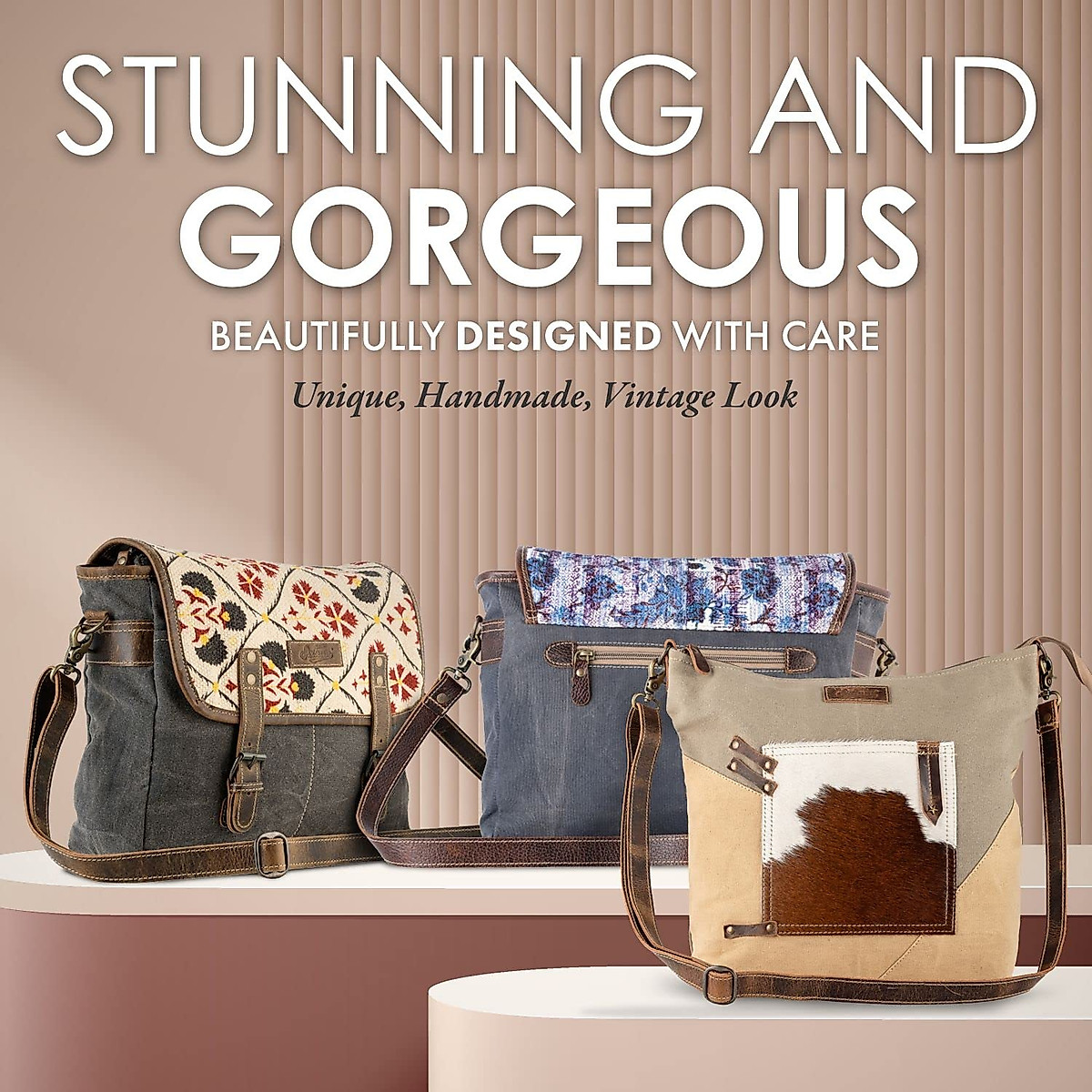 SIXTEASE Womens Shoulder Bag Vintage Style Shoulder Bags for Women - Made with Genuine Leather, Upcycled Canvas, or Hair On - Handmade, Adjustable Strap, Brass and Zinc Hardware - Hestia