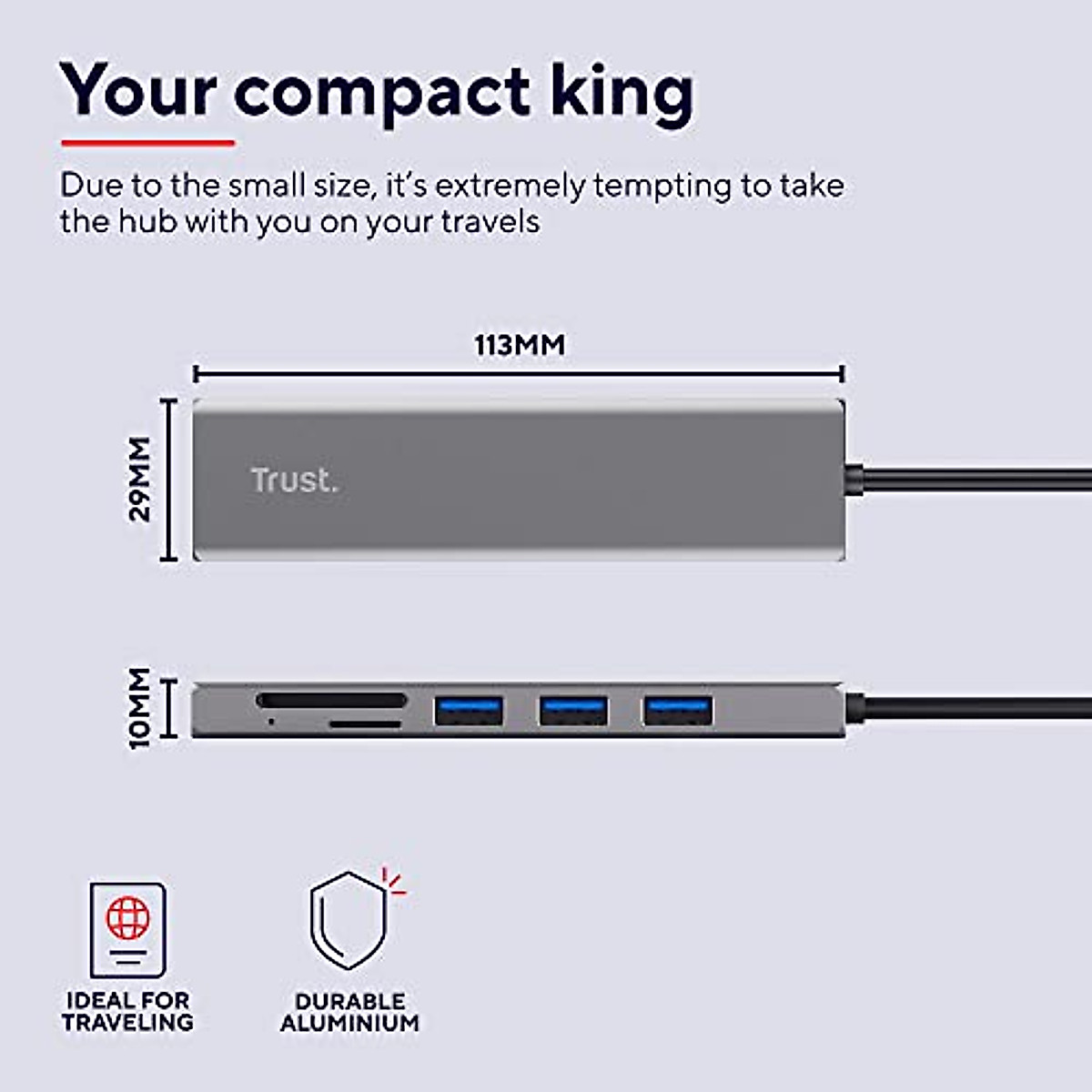Trust 24191 Halyx Fast USB-C Hub and Card Reader, 3 Extra Ports, 5Gbps with USB 3.2 Gen 1, SD and Micro-SD Card Reader 104 MB/s, (Micro) SD, SDHC and SDXC up to 2 TB