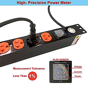 Rack Mount Power Strips 19'' 1U Switched PDU Surge Protection Metered PDU 8 Outlet with High-Precision Measuring Instruments 100-250V 20A with 6ft Heavy Duty Extension Cord (Orange)