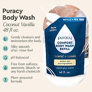 Puracy Body Wash Refill, Natural Body Wash, 98.6% Pure Plant Ingredients, Moisturizing Shower Gel for Women Men Kids, Body Soap for Dry Sensitive Skin. Gently Scented with Coconut & Vanilla, 48 Ounce