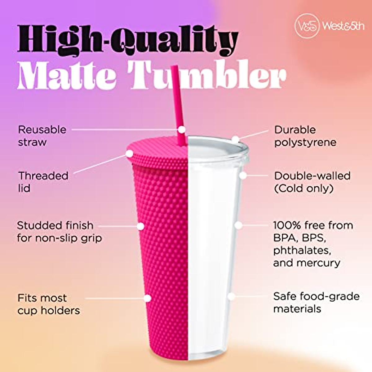 Matte Studded Tumbler with Lid & Straw, Reusable BPA Free Plastic Water Bottle, Travel Friendly Water/Iced Coffee/Cold Brew/Smoothie Textured Cold Cup, 24oz (Fuchsia)