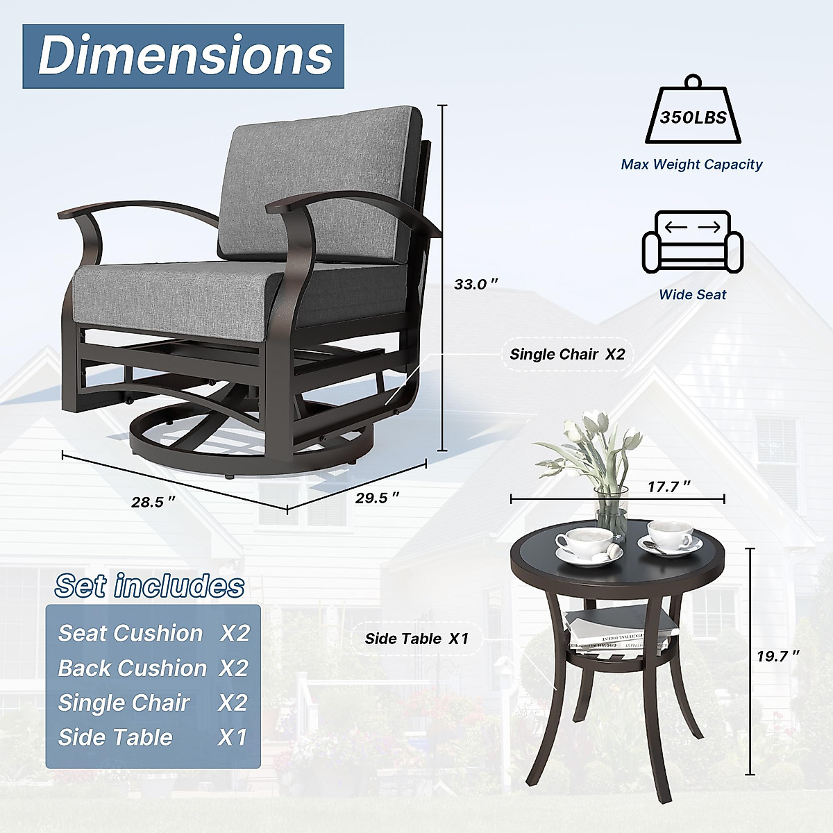 Kurapika 3 Pieces Patio Furniture Set, Outdoor Aluminum Swivel Gliders Rocker, Patio Bistro Set Rocking Chair with Thickened Cushions and Tempered Glass Side Table for Porch Deck Garden (Grey)