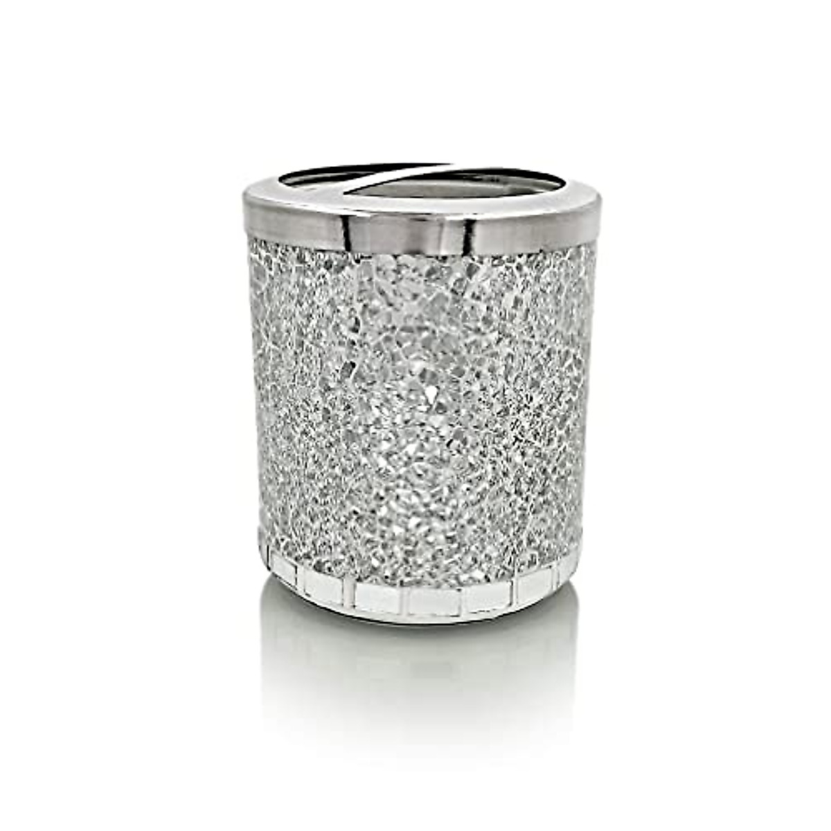 LushAccents Bathroom Accessories Set, 4-Piece Decorative Glass Bathroom Accessories Set, Soap Dispenser, Soap Tray, Jar, Toothbrush Holder, Elegant Silver Mosaic Glass