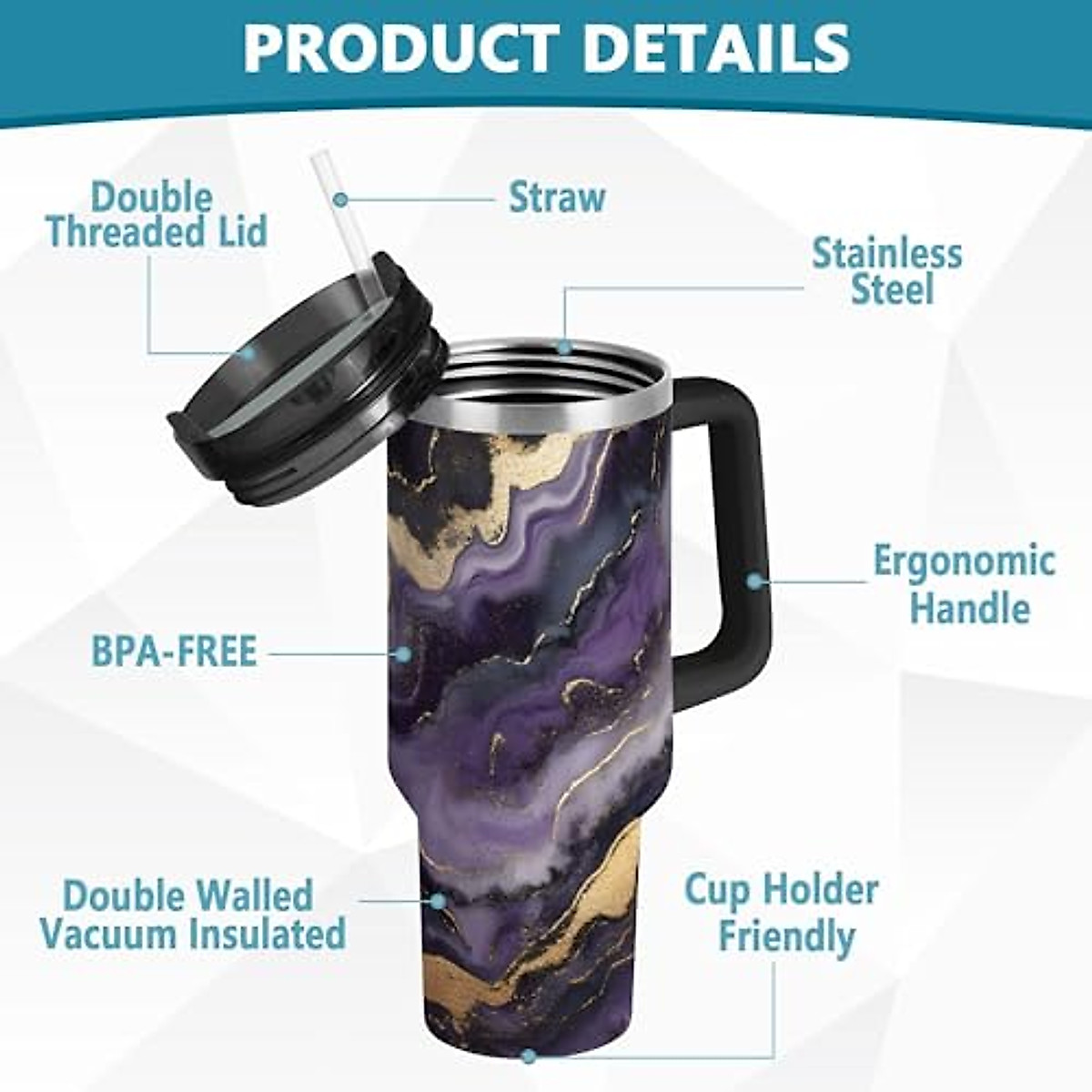 SEHANY Purple Marble 40 Oz Tumbler with Lid and Straw, Double Vacuum Stainless Steel Insulated Sports Water Bottle Cup Holder Friendly Leak-Proof Travel Coffee Cup for Iced Drink