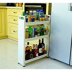 BAOYOUNI Slim Rolling Cart Between Washer Dryer Cabinet Storage Shelf Rack Narrow Slide Out Tower Organizer Space Saving Shelving Units with Wheels (3-Tier)