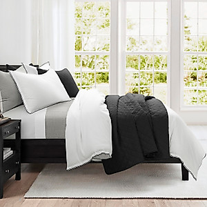 Lush Decor Hampton Double Flange Embroidered Contrast Edge Cotton Duvet Cover Set, 3 Piece Set, Full/Queen, White & Black - Hotel Bedding Set - Black Trim - White Duvet Cover - Minimalist Decor