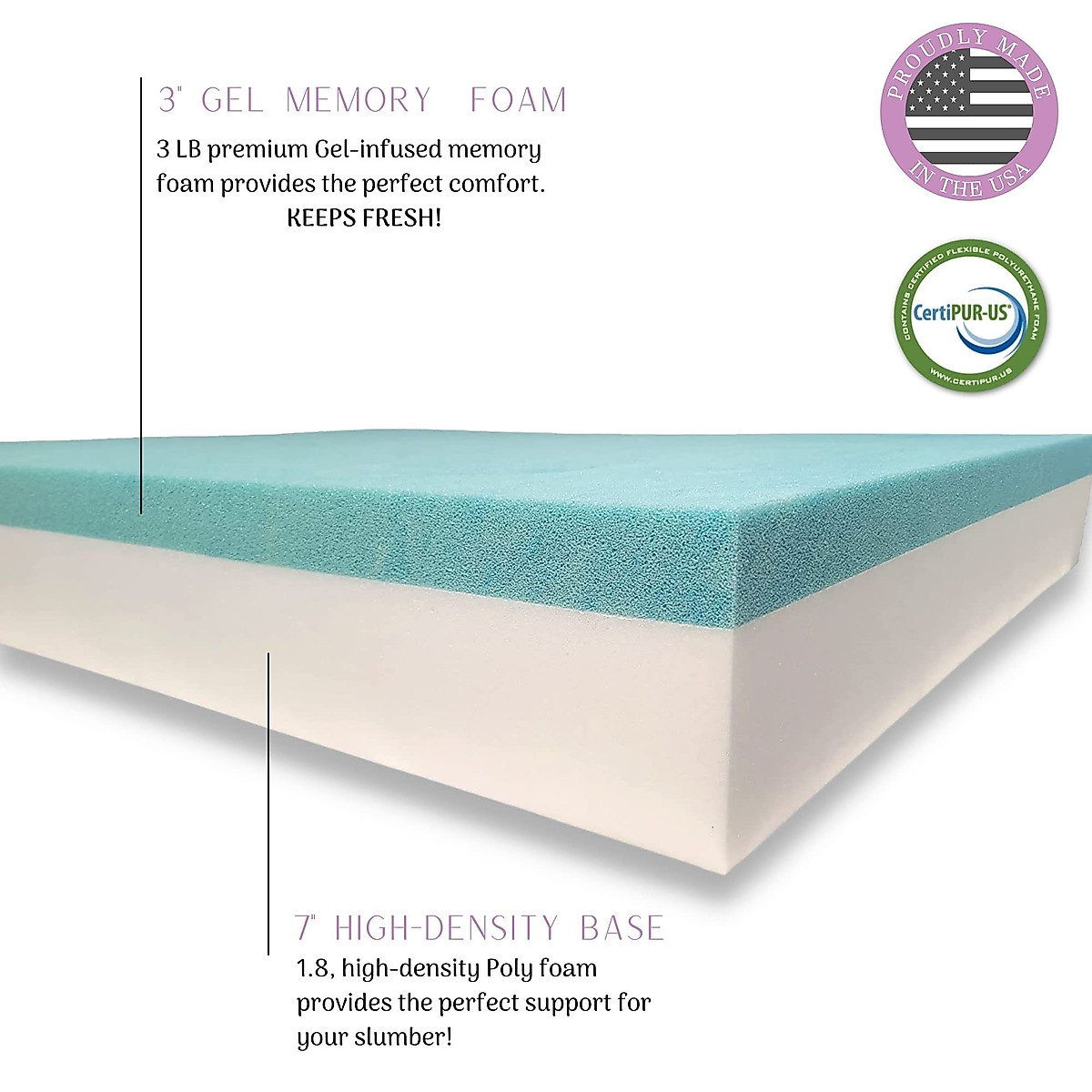 Sleep Touch Lavender Luxury -10inch, Made in USA, Gel-infused Memory Foam Mattress & Pillows, CertiPUR-US Certified, Bed-in-a-Box (Queen)