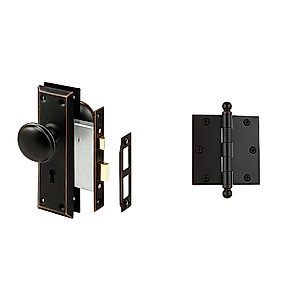 Prime-Line E 2495 Mortise Keyed Lock Set with Knob, Classic Bronze, 3.5" Ball Tips Residential Square Corners Door Hinge, Ideal for Replacing Broken Antique Lock Sets