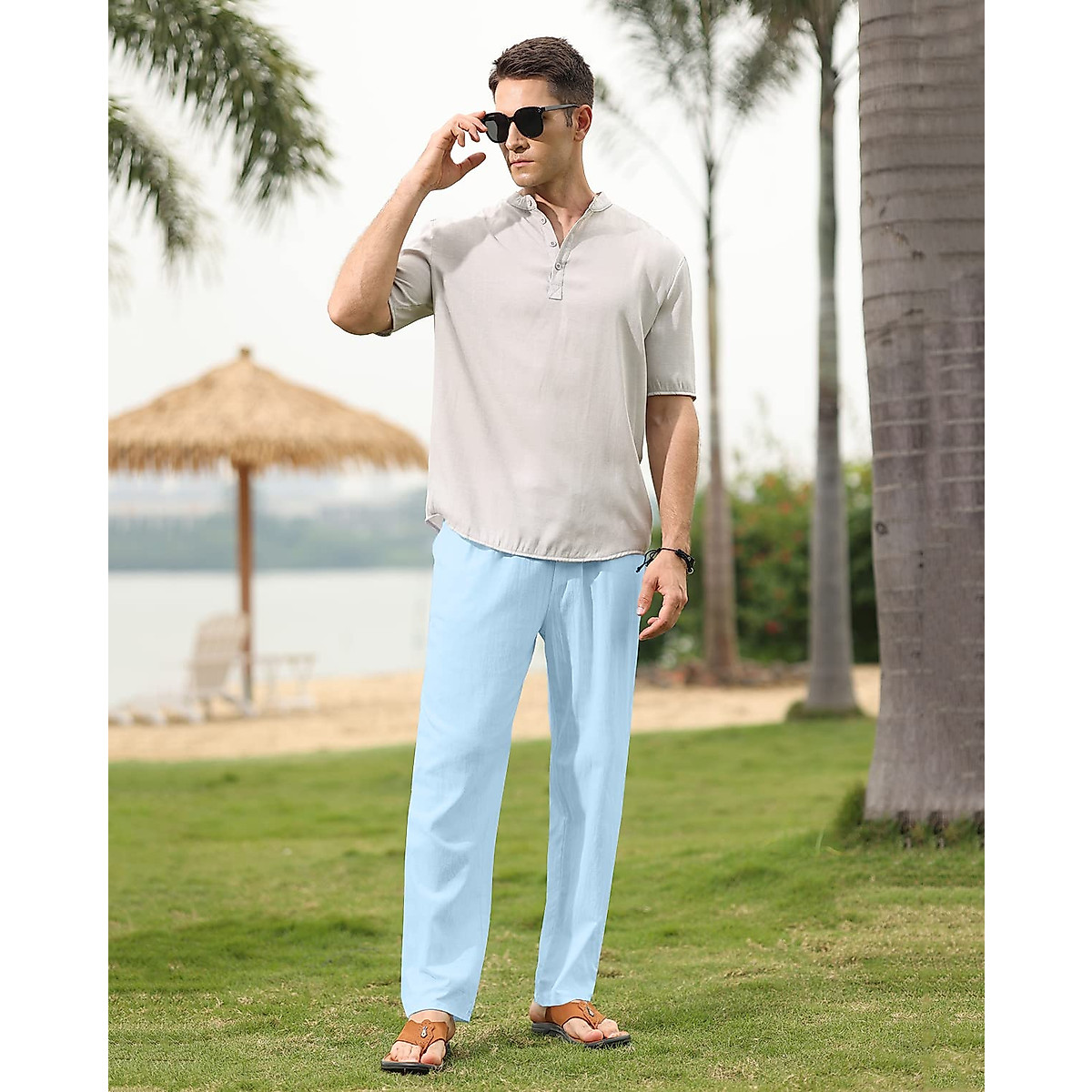 EndoraDore Men's Linen Cotton Pants Slim Fit Joggers Pants Athletic Workout Elastic Trousers Pants Beach Vacation Lightblue