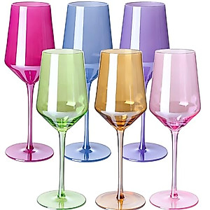 Colored Wine Glasses Set of 6-15oz Hand Blown Colorful Crystal Long Stem Wine Glasses, Unique Colored Glassware for Party,Home Bar