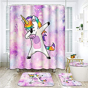 ArtSocket 4 Pcs Shower Curtain Set Funny Unicorn Dance Kid Horse Animal Child Girl Celebration Character Colorful Cute with Non-Slip Rugs Toilet Lid Cover and Bath Mat Bathroom Decor Set 72" x 72"