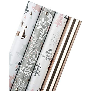 WRAPAHOLIC Christmas Wrapping Paper Roll - Rose Gold and Grey Holiday Design with Metallic Foil Shine - 4 Rolls - 30 Inch X 120 Inch Per Roll