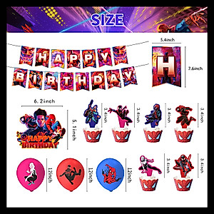 Miles Morales Party Supplies Spider Birthday Decorations for Boys Include Happy Birthday Bannner, 18 Latex Balloons, 1 Cake Topper and 12 Cupcake Toppers for Across Spider Party Decorations