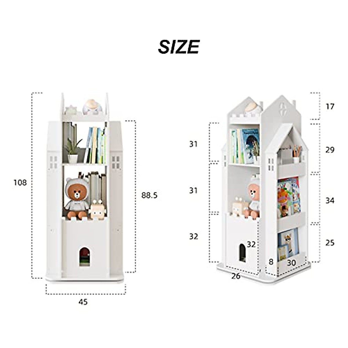 oxskk Revolving Bookcase,360° Children Bookshelf,Multi-Functional Floor Standing Book Storage Rack Organizer for Kids Room Bedroom-White 45x45x108cm(18x18x43inch) 68ps5-001