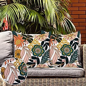 Jartinle Tropical Leaves Flower Boho Outdoor Pillow Covers 18x18 Waterproof Set of 2 Bohemian Blooming Floral Pattern Patio Throw Pillow Covers for Porch Balcony Garden(18x18)