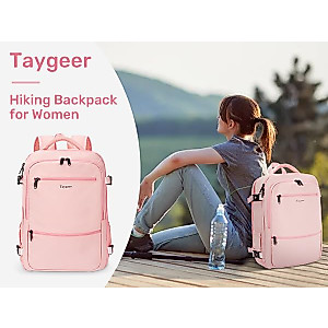 Carry On Backpack for Women, Cute Pink College backpack with USB Charging Port for 15.6inch Laptop, Flight Approved 35l Travel Backpack Casual Bag Luggage Gifts for Graduates Gym Weekend Hiking,Pink