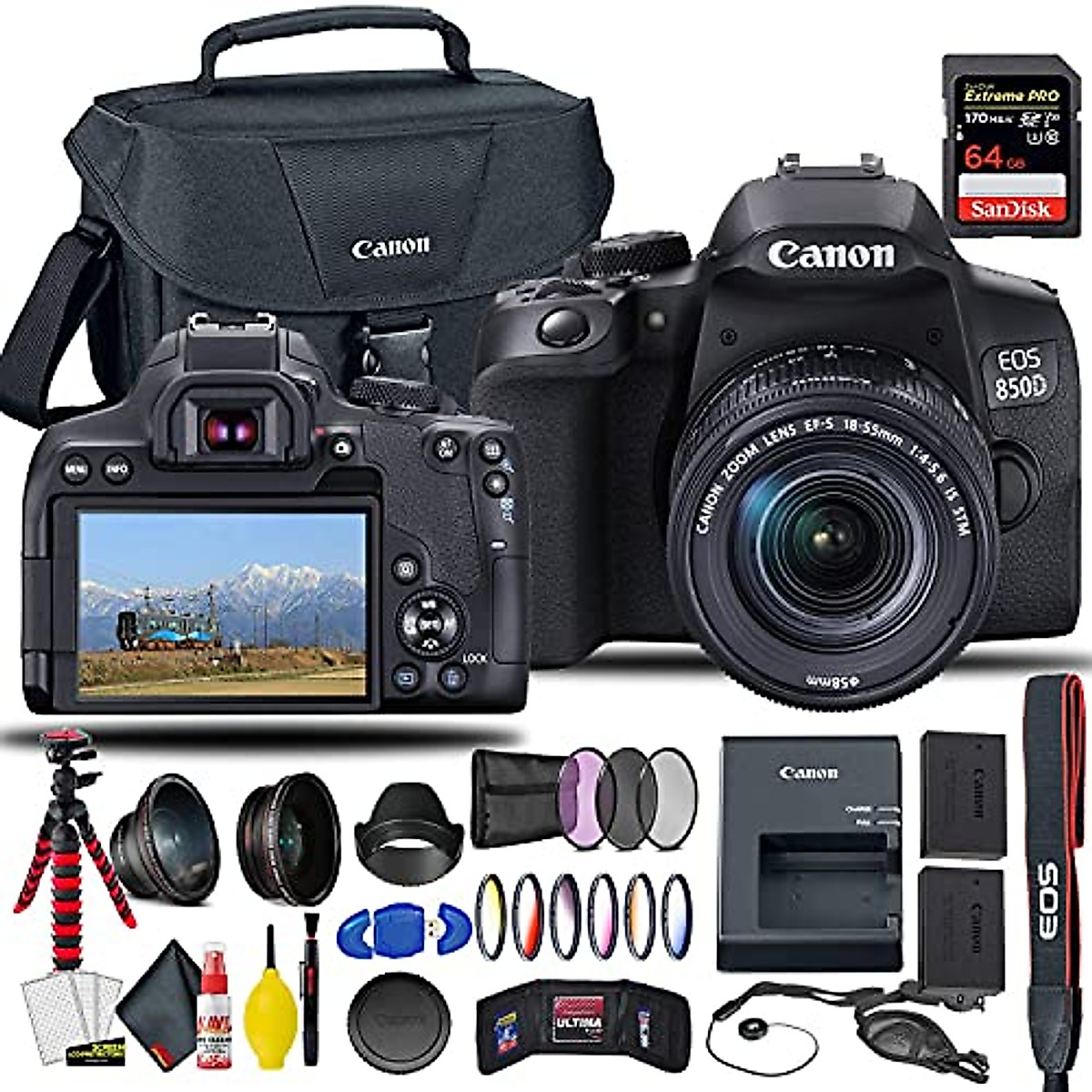 Canon EOS 850D / Rebel T8i DSLR Camera with 18-55mm Lens + Extra Battery, Creative Filters + Camera Bag + Sandisk Extreme Pro 64GB Card + 6AVE Cleaning Set, More (International Model) (Renewed)