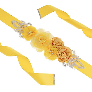 Lauthen.S Sash Belt with Flowers Pearls Rhinestone for Wedding Bride/Baby Shower Dress (One Size, Yellow)