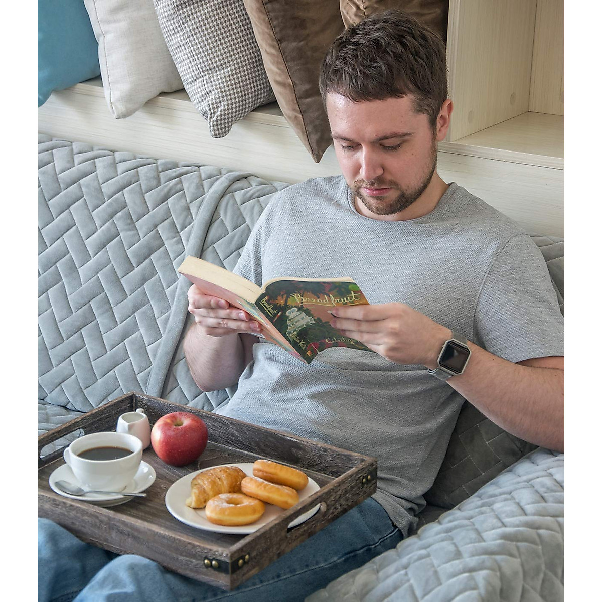 Sufandly Large Wooden Serving Tray with Handles, Rectangle Breakfast Tray 15.7 x 11.8 Inch Wood Color…