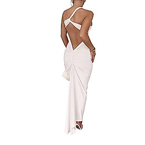 Vrtige Women's Sexy One Shoulder Backless Ruched Sleeveless Cocktail Bodycon Maxi Dress White Medium