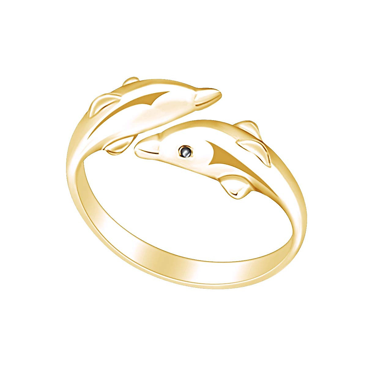 AFFY 14K Yellow Gold Over Sterling Silver Black Cubic Zirconia Double Dolphins Adjustable Ring for Women