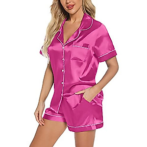 Anjue Womens Silk Satin Pajamas Silk Pjs Set Short Sleeve Sleepwear Classy Loungewear Satin Pajama Sets(Rose Red,S)