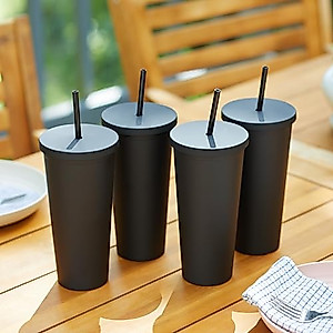 Zephyr Canyon 24oz Matte Black Tumblers with Lids and Straws - Pastel Double Wall Tumbler - Insulated Acrylic Cups for Hot & Cold Drinks, Spill-Proof Reusable Iced Coffee Cup, Set of 4