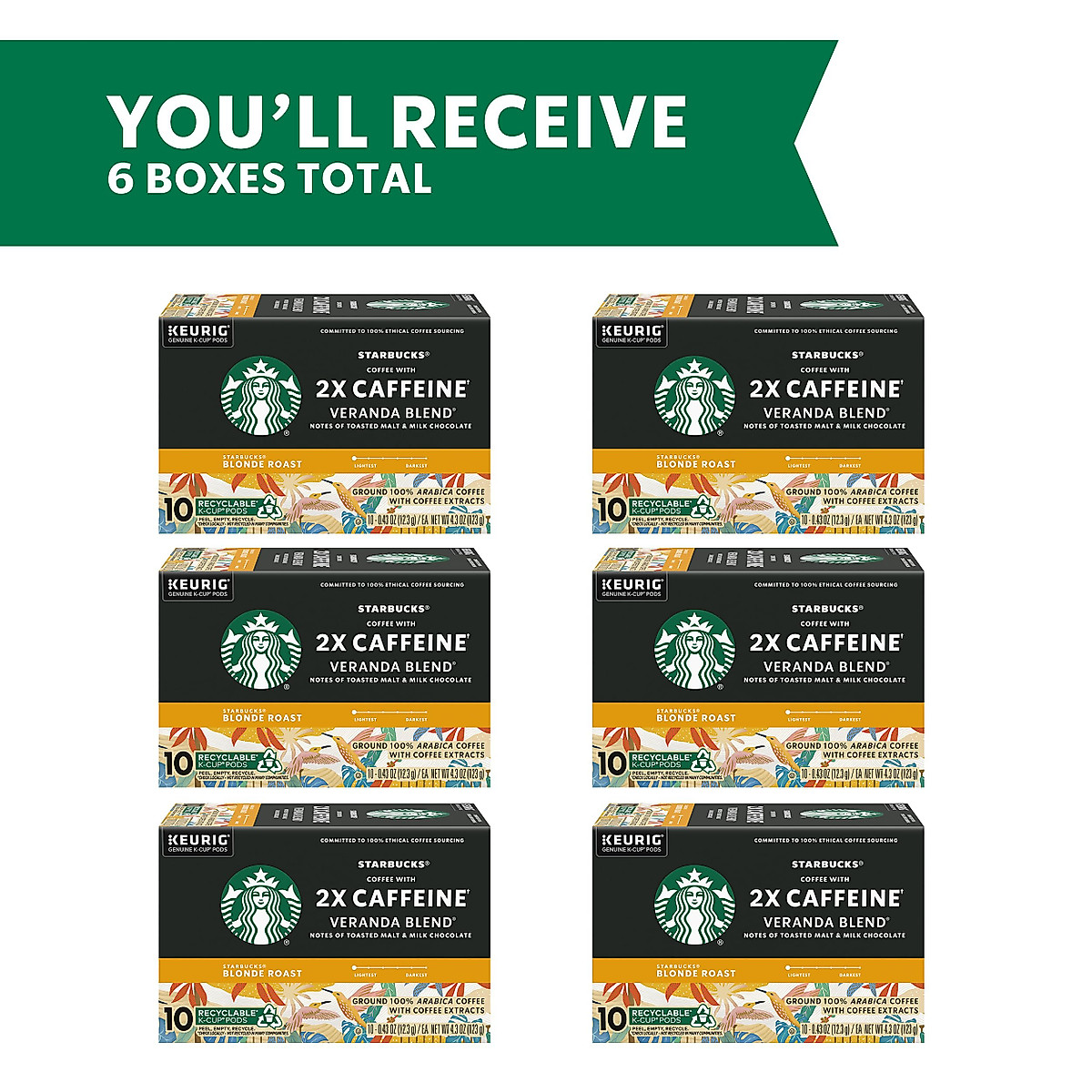 Starbucks K-Cup Coffee Pods, Starbucks Blonde Roast Coffee With 2X Caffeine Veranda Blend For Keurig Coffee Makers, 100% Arabica, 6 Boxes (60 Pods Total)