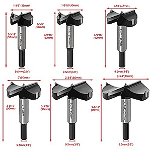 ASNOMY 6PCS Large Size Forstner Bit Set, 1-3/8Inch to 2-3/4Inch Carbide Tipped Forstner Drill Bit for Hard Wood, Wood Drilling bit Set Woodworking Hinge Cutter Tool Kits for Wood Plastic Plywood