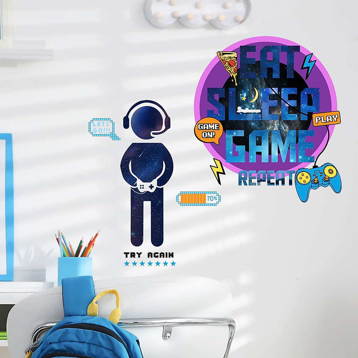 Gamer Room Decor Gaming Wall Decals Sticker, Boys Room Decals Video Game Decor Eat Sleep Game Wall Decal for Gamer Bedroom Playroom Decorations