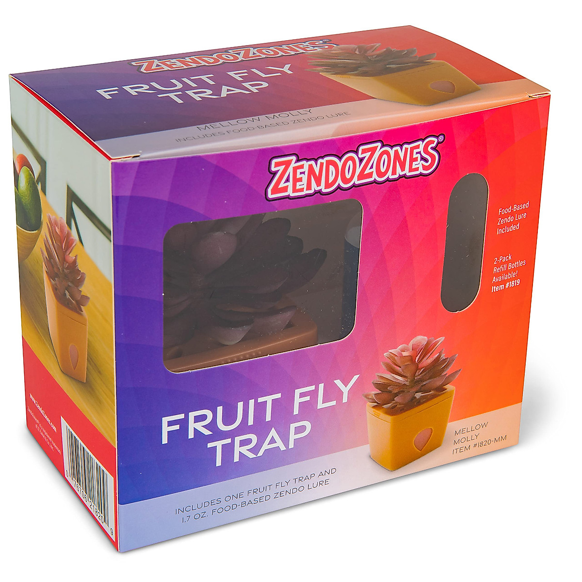ZendoZones Fruit Fly Trap with Zendo Lure, Joyful Janet with Plastic Terra Cotta Colored Base, Refillable and Reusable
