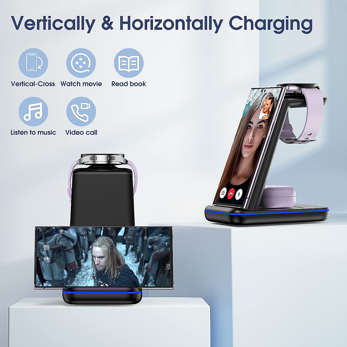 Wireless Charging Station for Samsung, S24 Ultra Wireless Charger Station for Galaxy S24/23/22/21/Z Flip 4/3 Fold 4/3, Wireless Watch Charger for Galaxy Watch 6/5/4/3/Active 2/1/LTE, Buds/Pro/+/Live