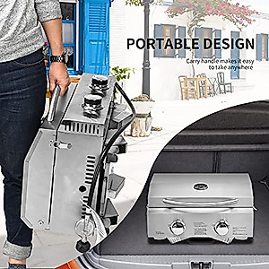 Happygrill Portable Gas Grill Stainless Steel Propane Grill Two-Burner Outdoor BBQ Grill with Foldable Leg for Camping Picnics, 20,000 BTU