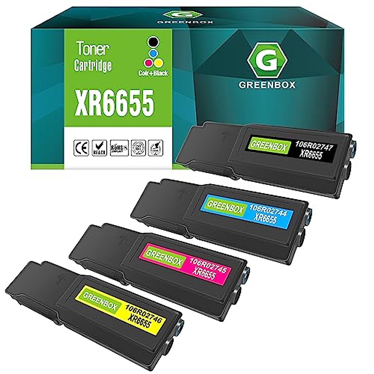 GREENBOX Remanufactured XR6655 High Yield Toner Cartridge Replacement for 6655 106R02745 106R02746 106R02747 106R02744 for WorkCentre 6655 Printer (4-Pack) GB-XR6655-1B3C