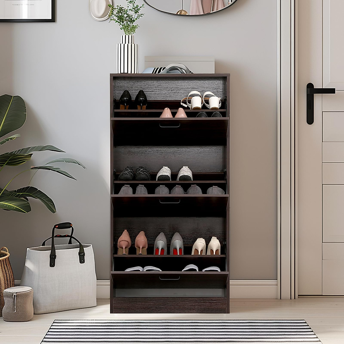 KUMIUNION Shoe Storage Cabinet with 3 Flip Drawers, Freestanding Storage Racks for Entryway Hidden Narrow Shoe Organizers Perfect for Heels, Boots, Slippers, Walnut Brown